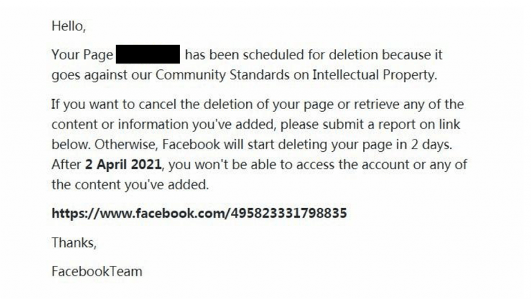 “Your page has been scheduled for deletion” Facebook Scam | Trend Micro ...