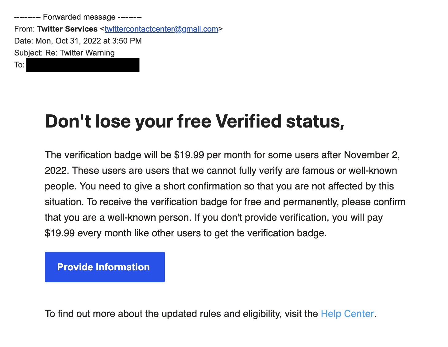 Twitter Verification Phishing Email – “Blue Check” Scam Alert | Trend ...